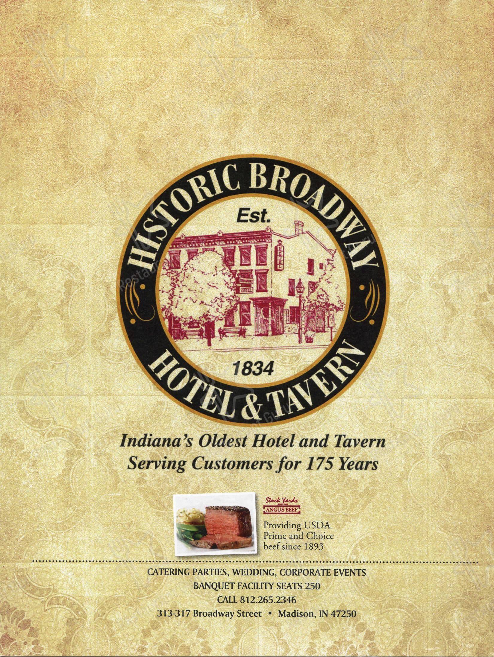 Menu at Historic Broadway Hotel & Tavern pub & bar, Madison