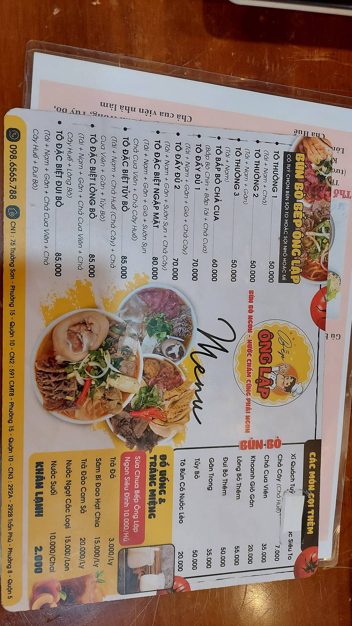 Menu at Bún Bò Thố Đá Bếp Ông Lập - Trường Sơn restaurant, Ho Chi Minh City