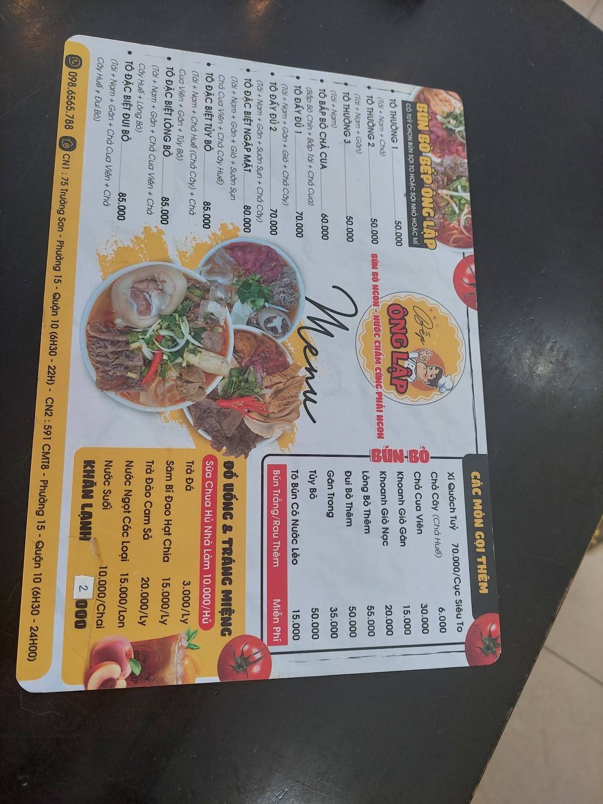 Menu at Bún Bò Thố Đá Bếp Ông Lập - Trường Sơn restaurant, Ho Chi Minh City