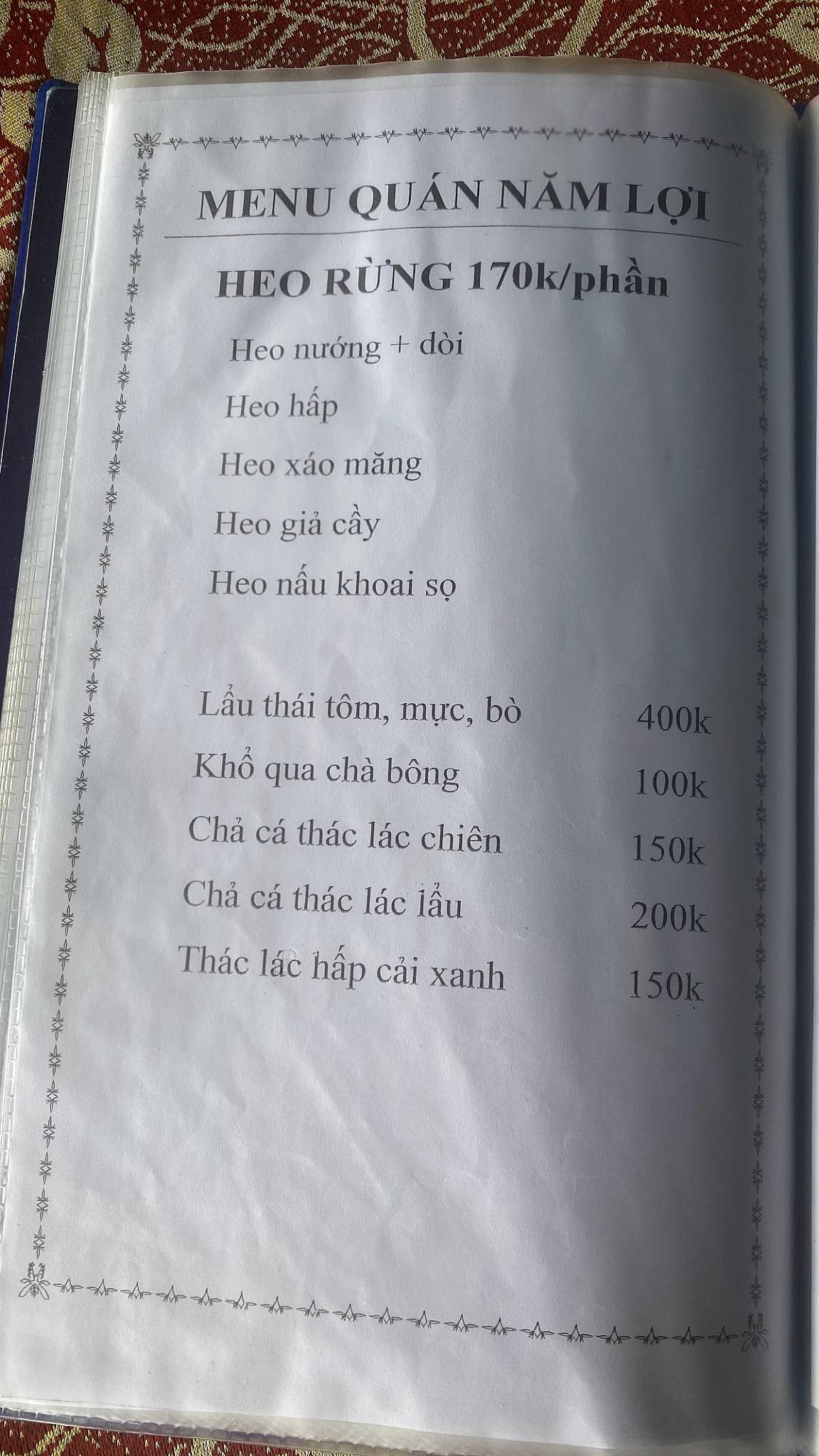 Menu at Quán ăn Năm Lợi restaurant, Ho Chi Minh City