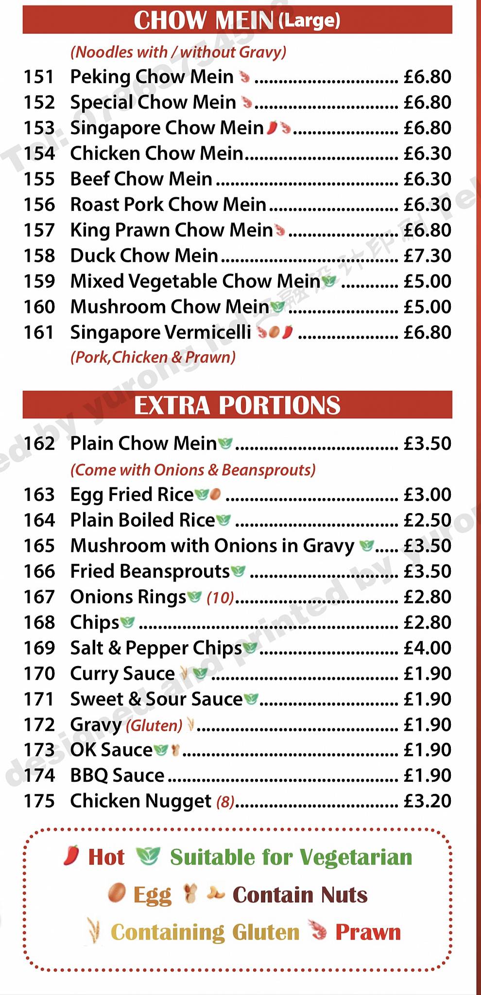 Menu at Ho-Wah fast food, Huddersfield