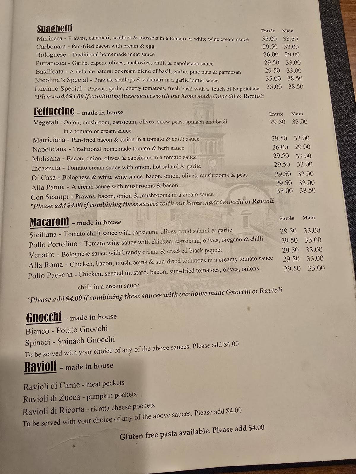 Menu at Da Angelo Ristorante restaurant, Battery Point