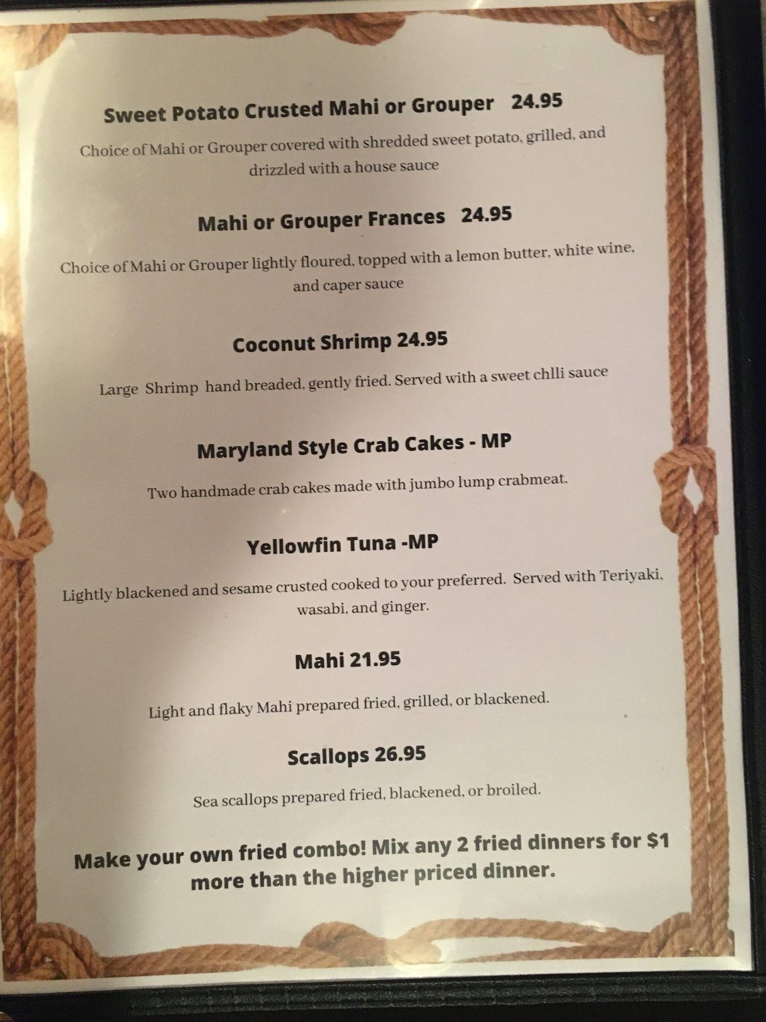Menu at Catfish House restaurant, Hobe Sound