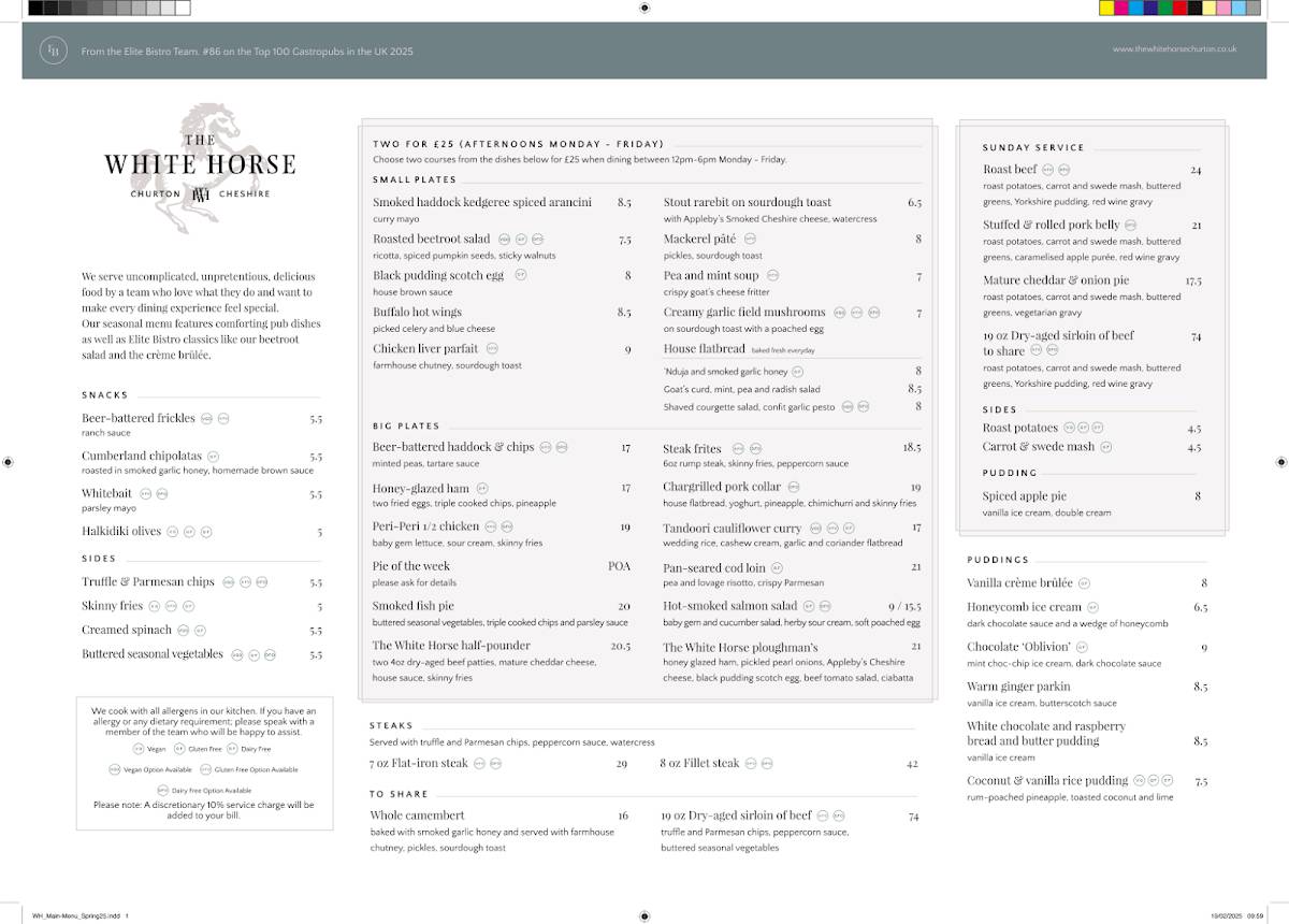 Menu at The White Horse in Churton pub & bar, Holt, Chester Rd