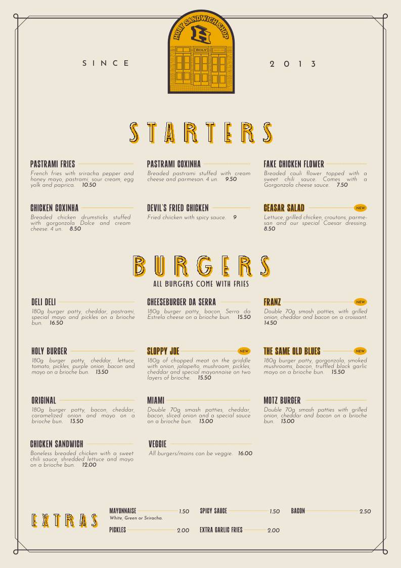 Menu em Holy Sandwich Shop restaurante, Porto