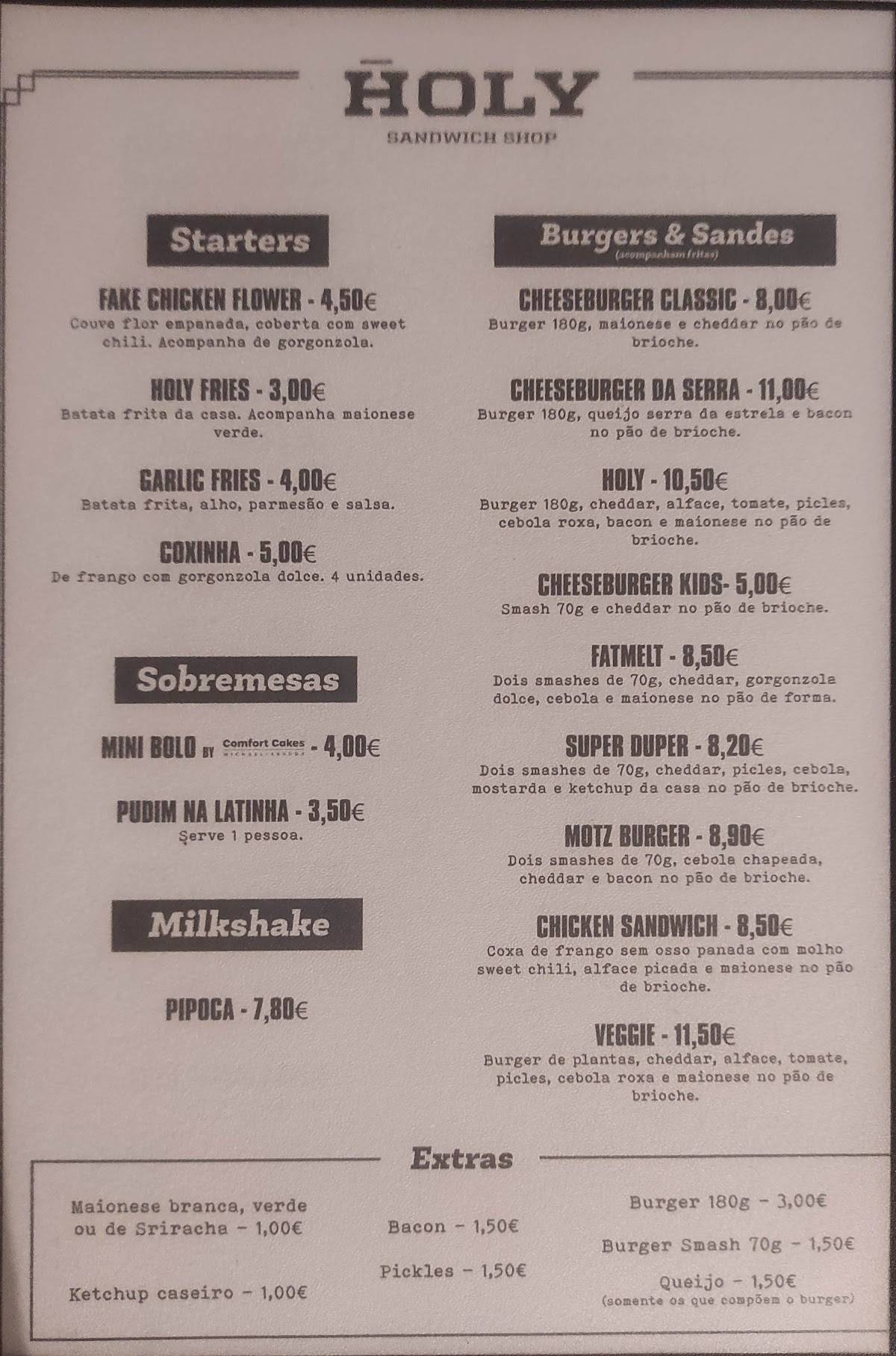 Menu em Holy Sandwich Shop restaurante, Porto