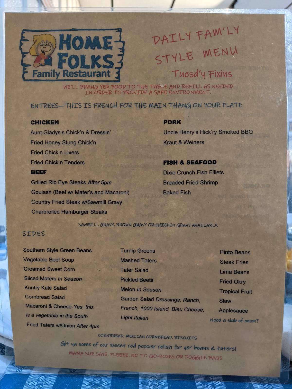 Menu at Home Folks Family Restaurant, Soddy-Daisy