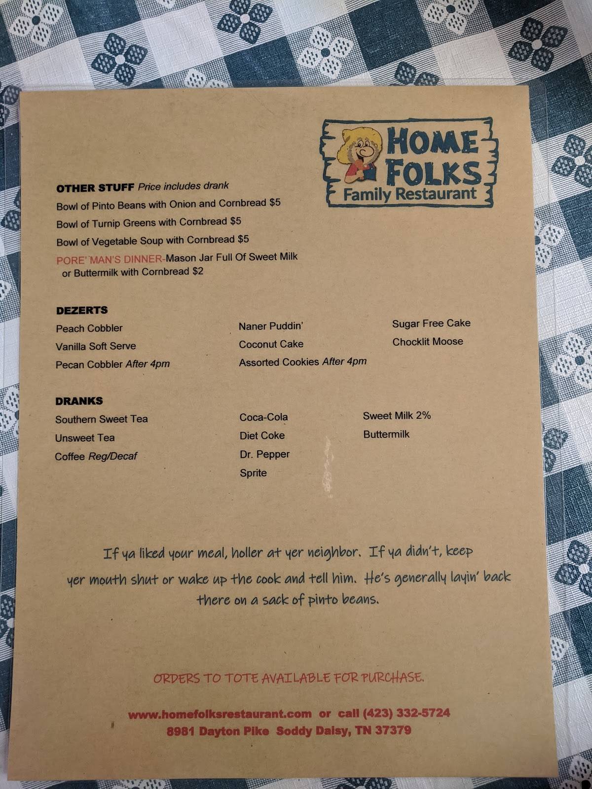 Menu at Home Folks Family Restaurant, Soddy-Daisy