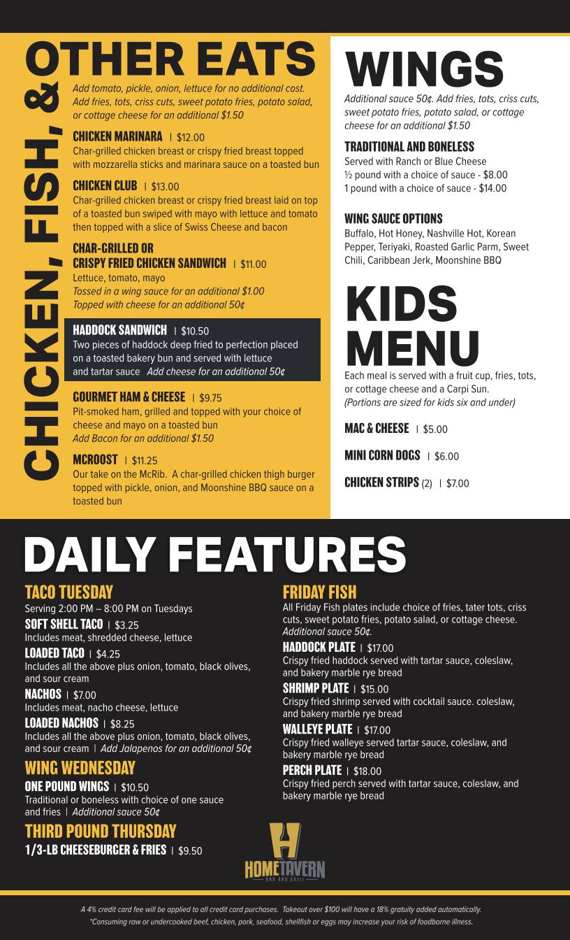 Menu at Home Tavern pub & bar, Freedom