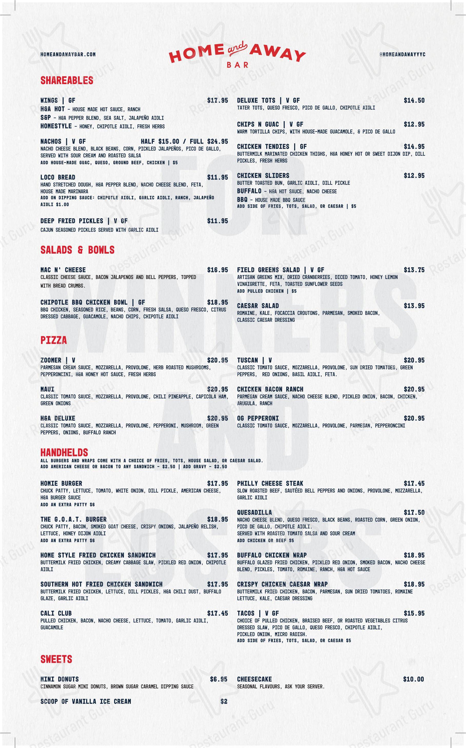 Menu at Home & Away YEG pub & bar, Edmonton