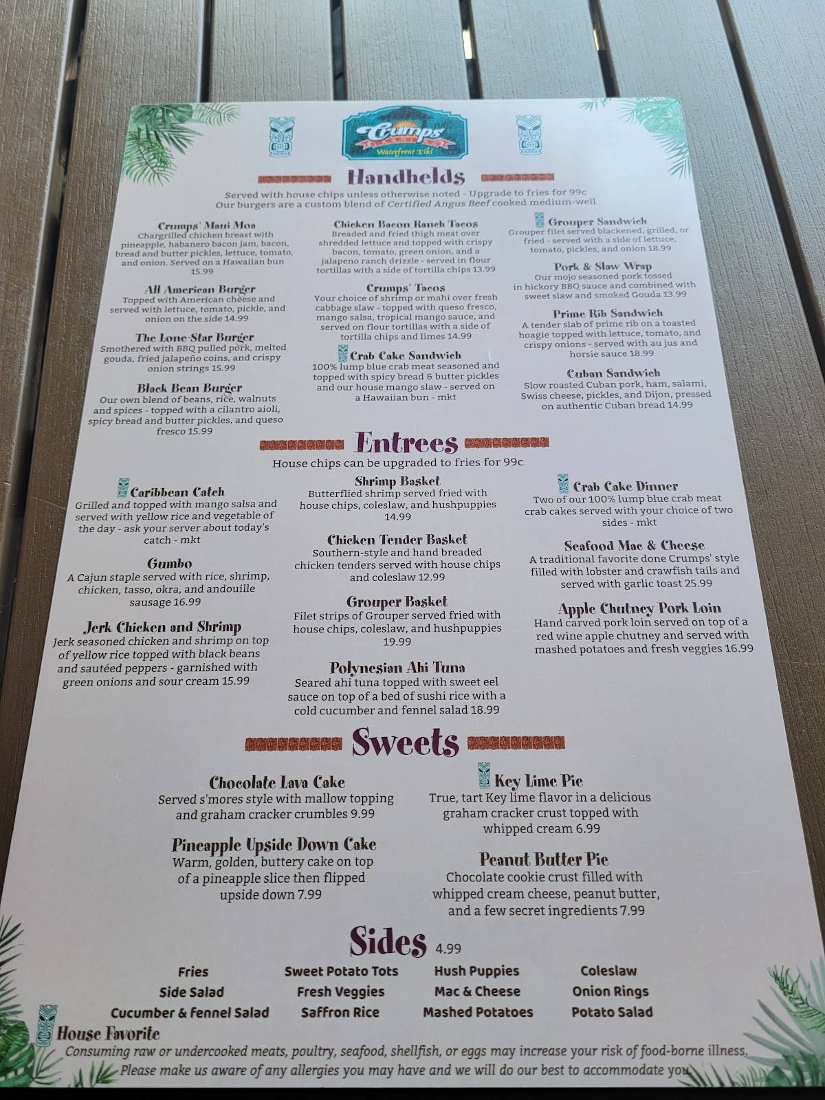 Menu at Crump's Landing pub & bar, Homosassa, W Halls River Rd