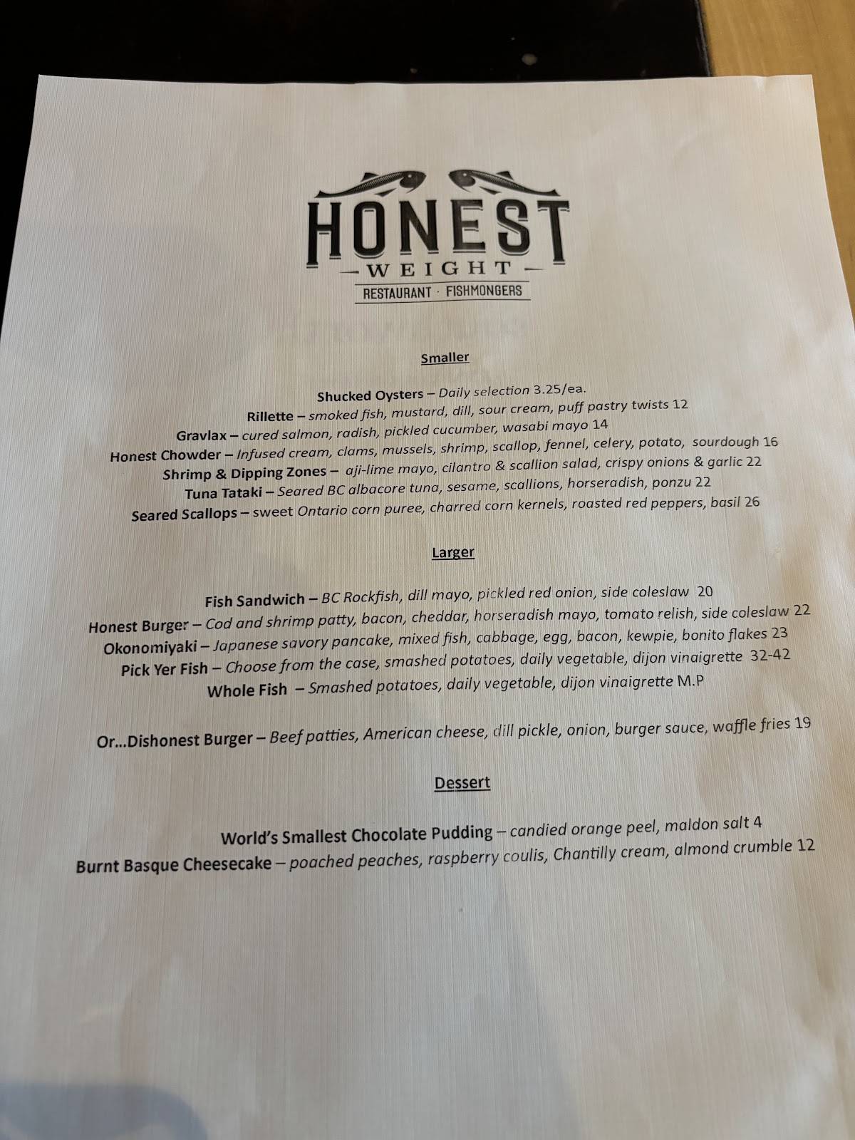 Menu at Honest Weight restaurant, Toronto