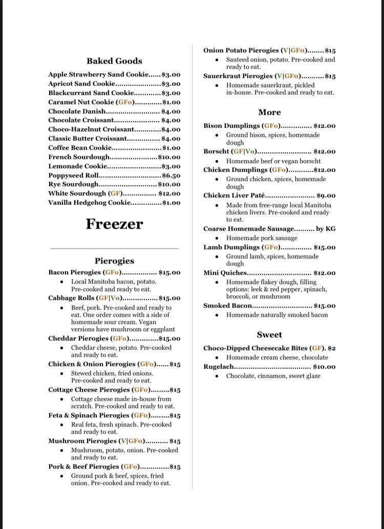 Menu at Honey Bunny Pastry Shop restaurant, Winnipeg