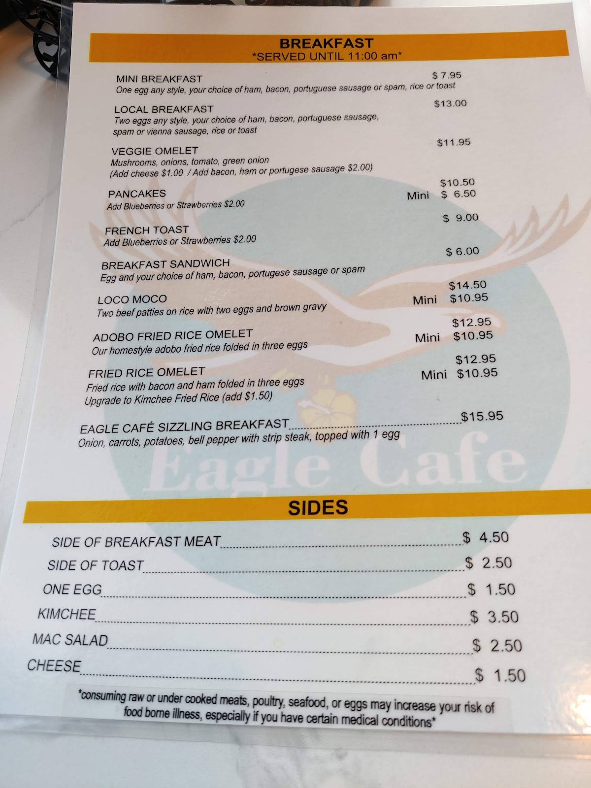 Menu at Eagle Cafe, Honolulu, N Nimitz Hwy # A100