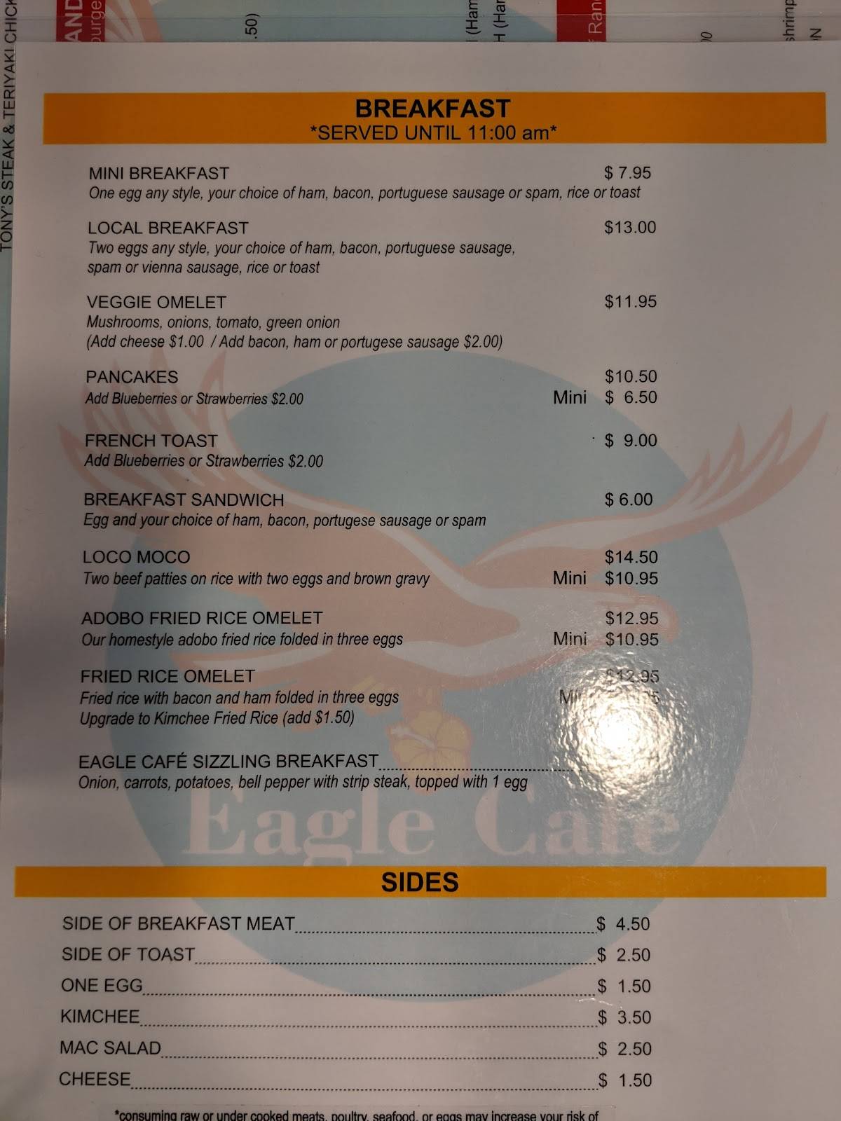 Menu at Eagle Cafe, Honolulu, N Nimitz Hwy # A100