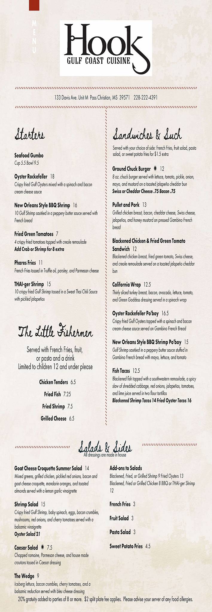 Menu at Hook Gulf Coast Cuisine restaurant, Pass Christian