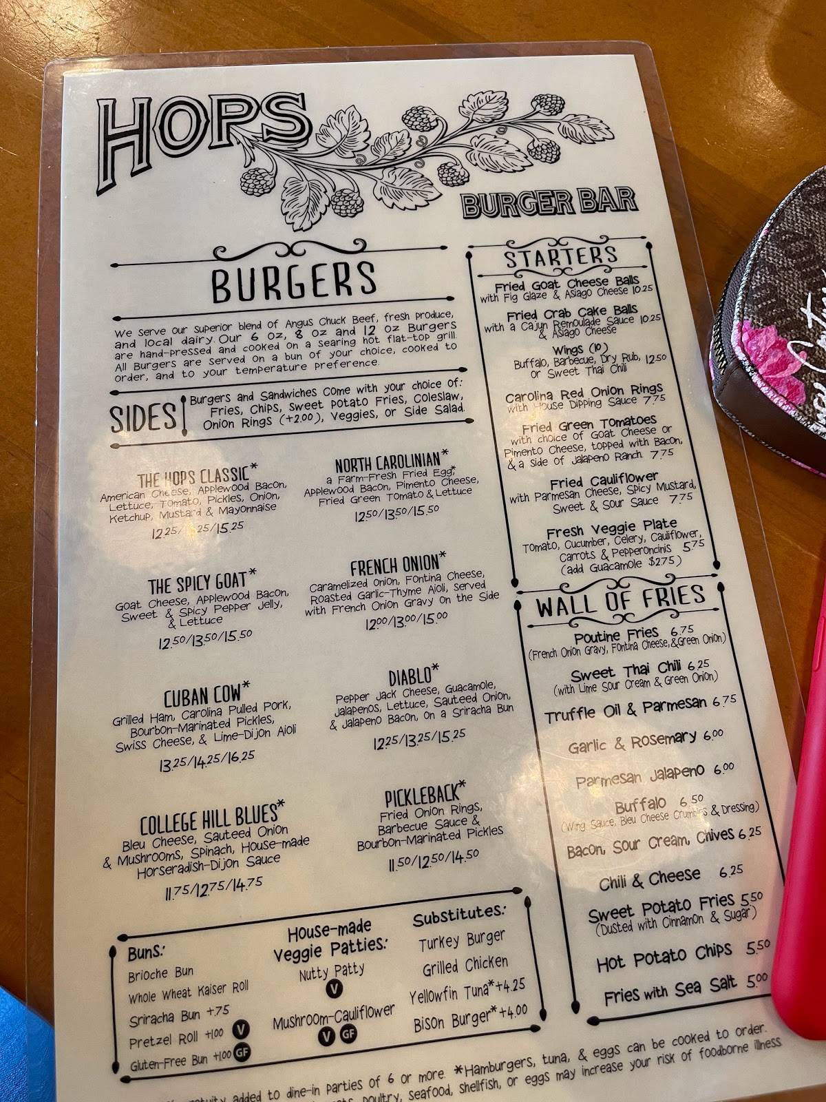 Menu at Hops Burger Bar, Winston-Salem