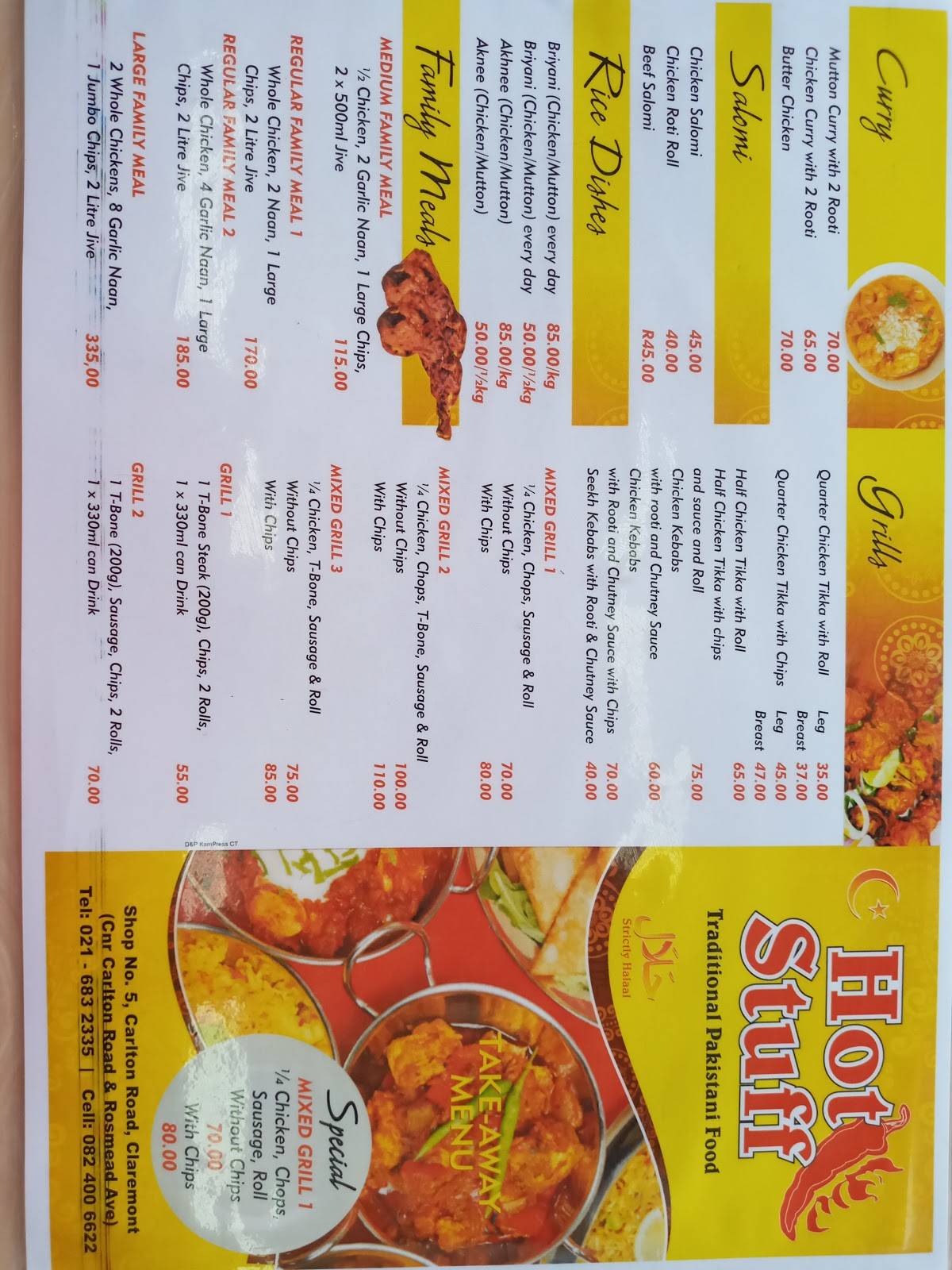 Menu at Hot Stuff restaurant, Cape Town, Carlton Rd