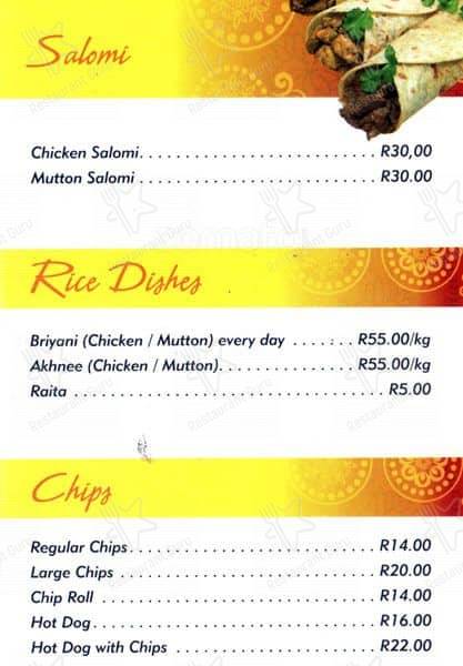 Menu at Hot Stuff restaurant, Cape Town, Carlton Rd