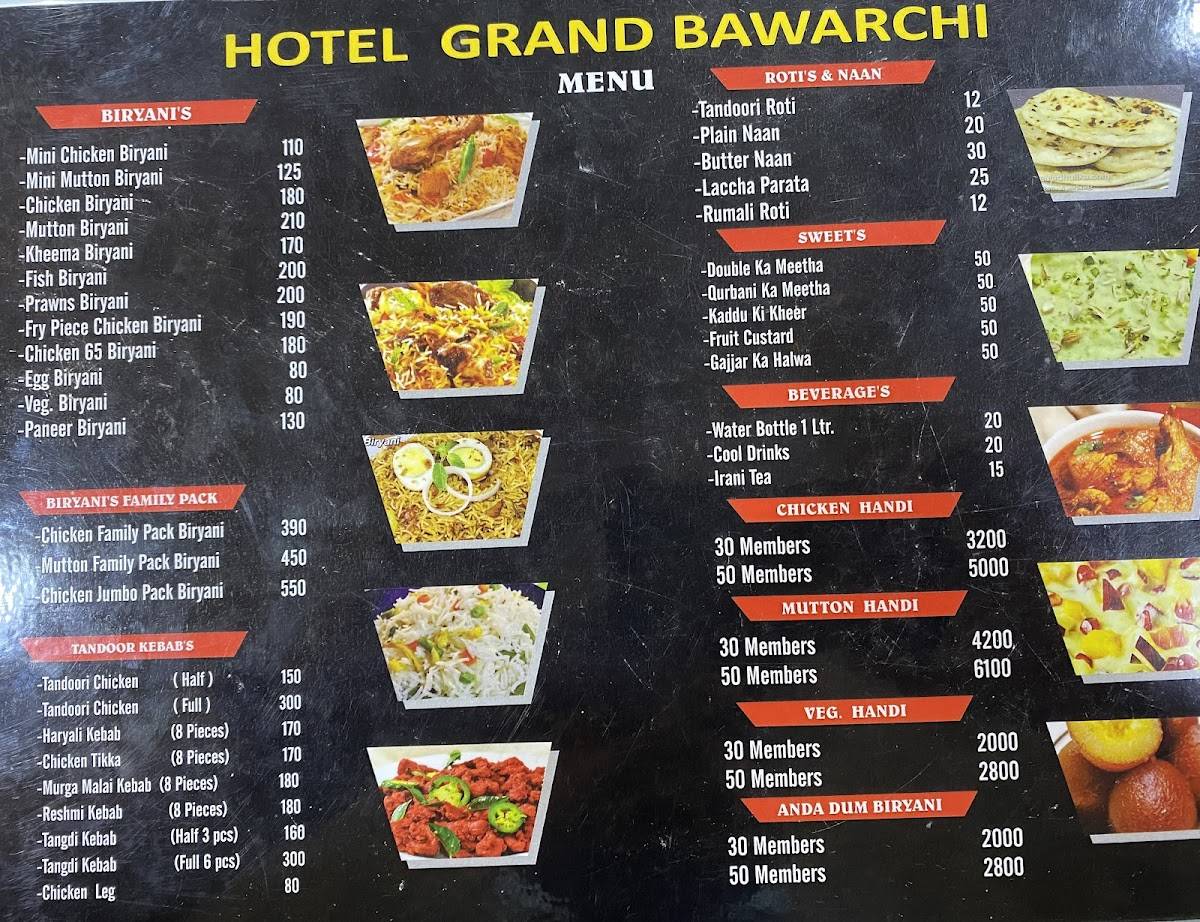 Menu at Hotel Grand Bawarchi, Hyderabad