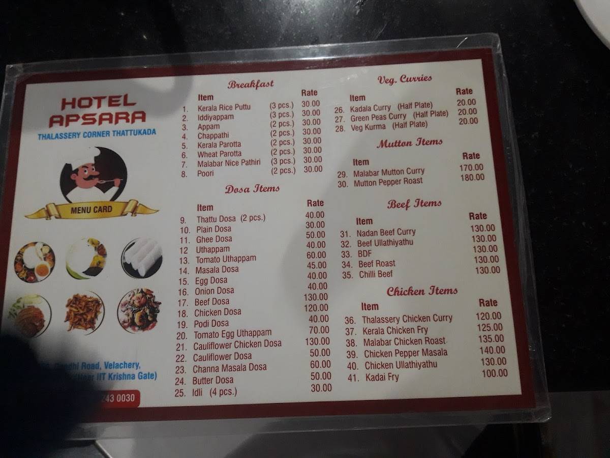 Menu at Hotel apsara Thalassery Corner Thattukada, Chennai