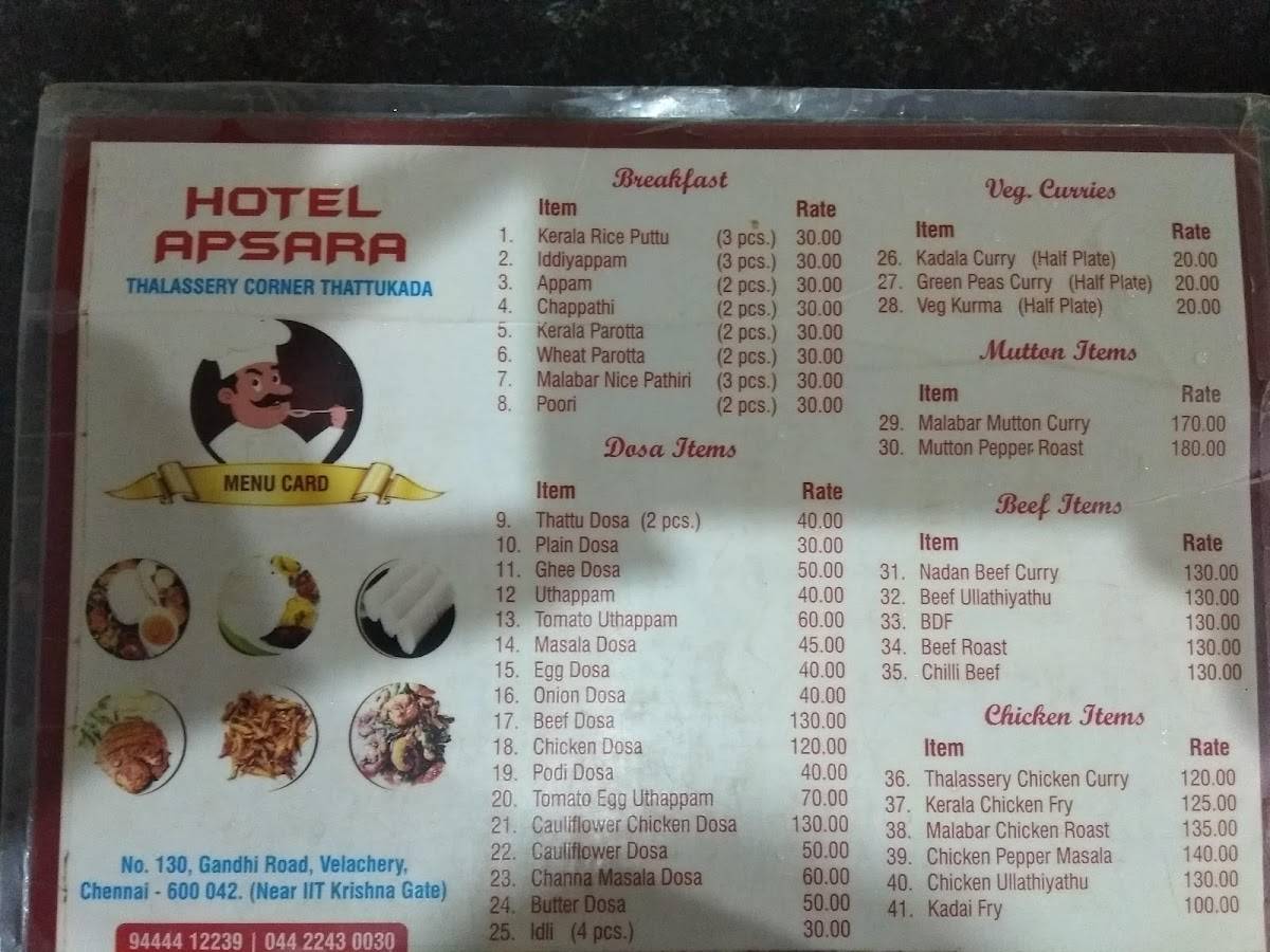 Menu at Hotel apsara Thalassery Corner Thattukada, Chennai