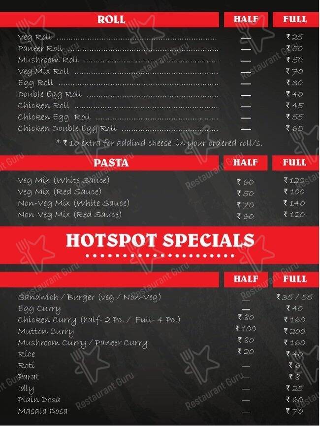 Menu at Hotspot, Ranchi