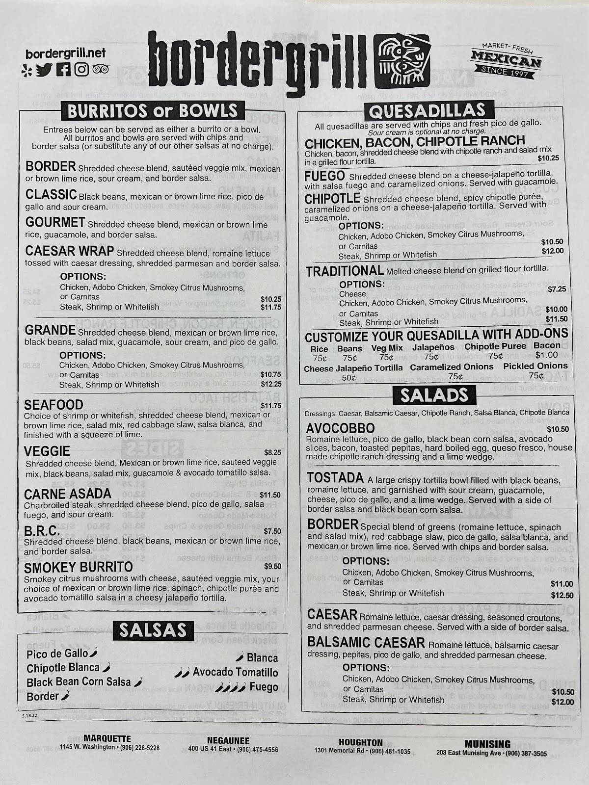 Menu at Border Grill restaurant, Houghton
