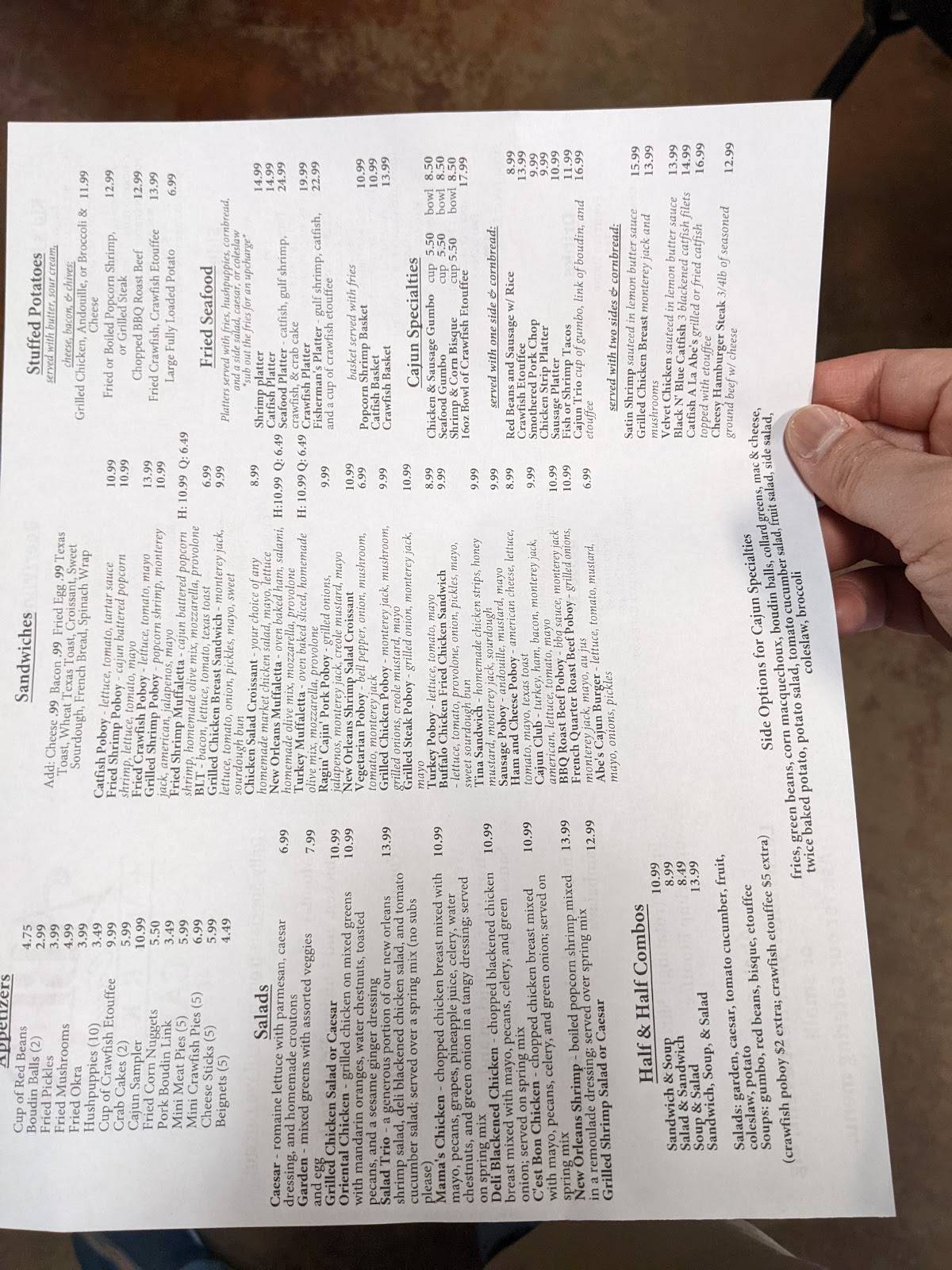 Menu at Abe's Cajun Market restaurant, Houston