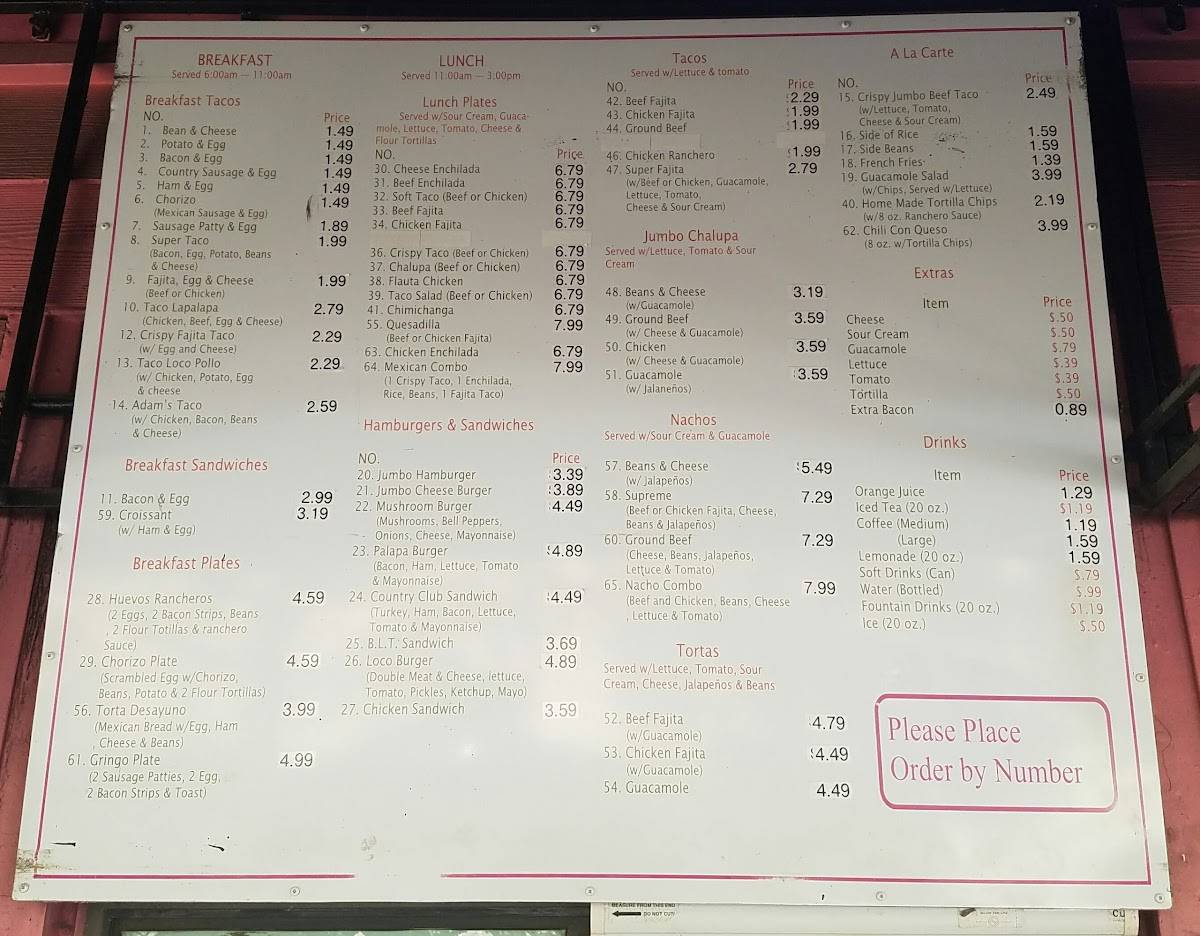 Menu at La Palapa restaurant, Houston, Preston St