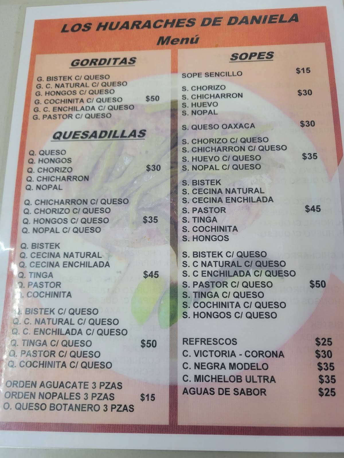 Carta del restaurante Huaraches De Daniela, Ciudad del México