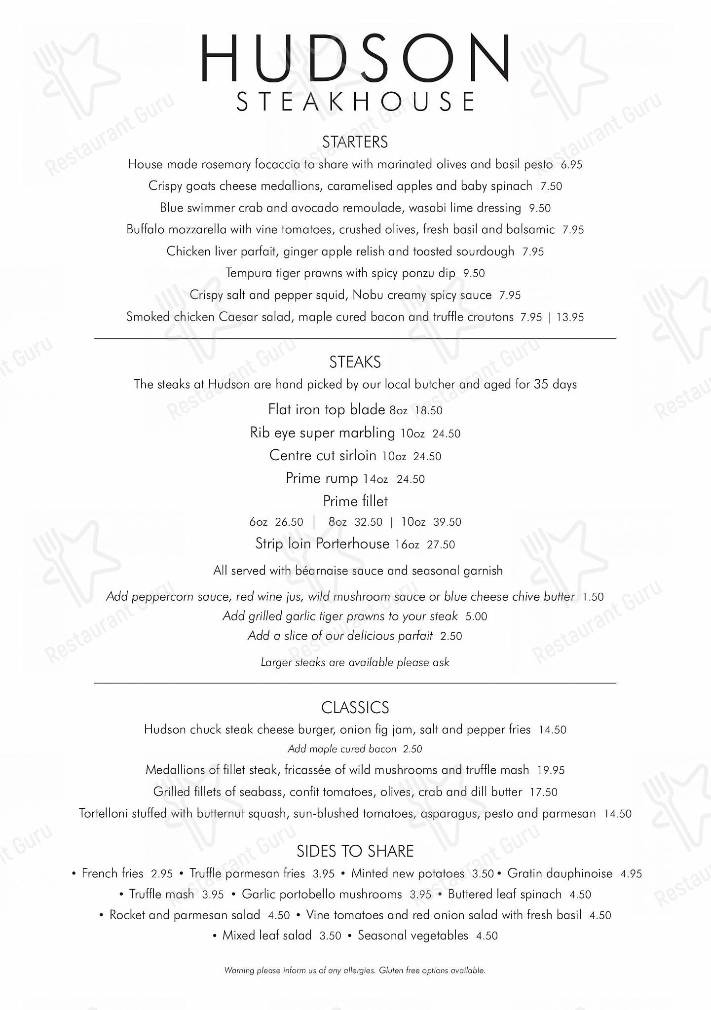 Menu at Hudson Steakhouse, Bath