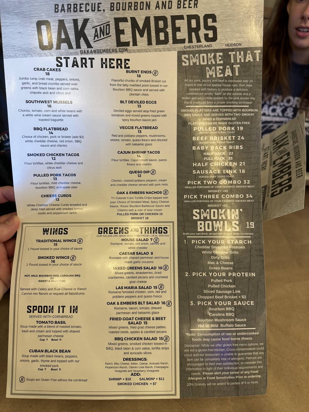 Menu at Oak and Embers Tavern Hudson pub & bar, Hudson