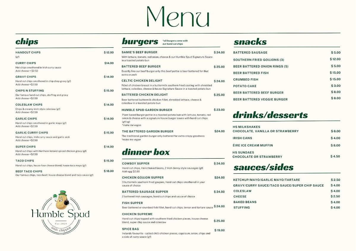 Menu at Humble Spud pub & bar, Saint Kilda