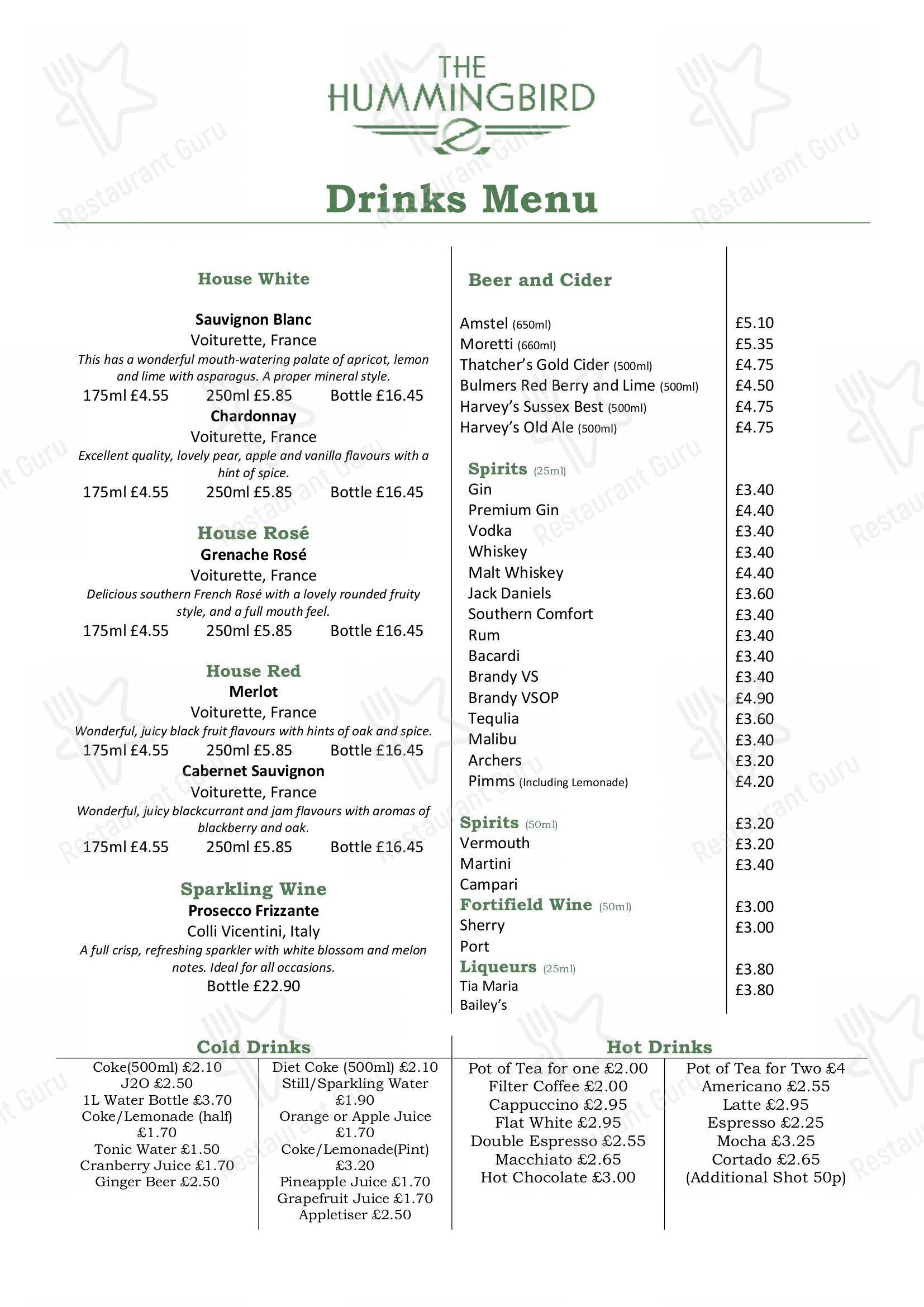 Menu at Hummingbird Restaurant, Shoreham-by-Sea