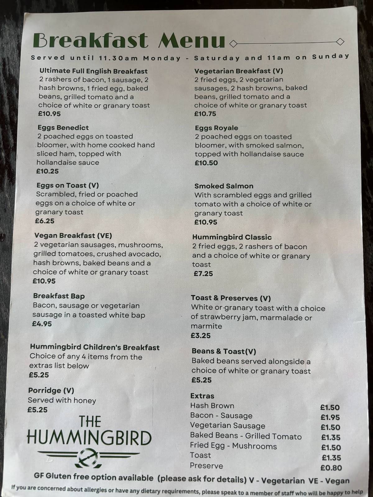 Menu at Hummingbird Restaurant, Shoreham-by-Sea
