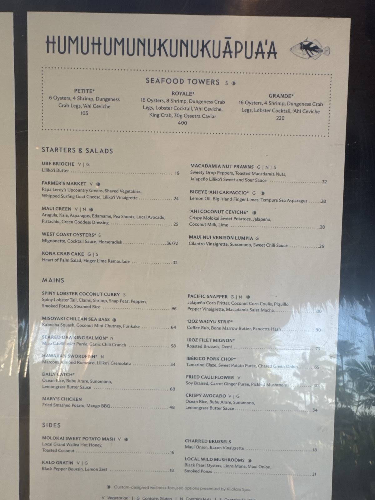 Menu at Humuhumunukunukuāpuaʻa restaurant, Wailea-Makena, Wailea Alanui Dr