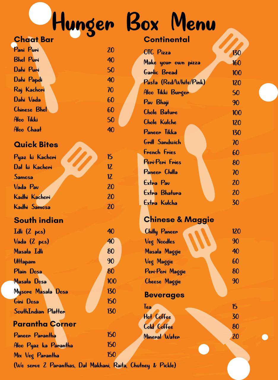 Menu at Hunger Box, Jaipur