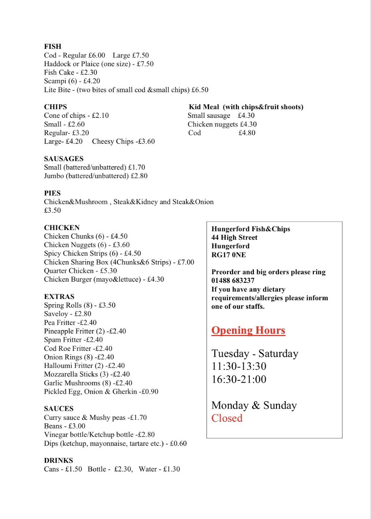 Menu at Hungerford Fish & Chips fast food, Hungerford