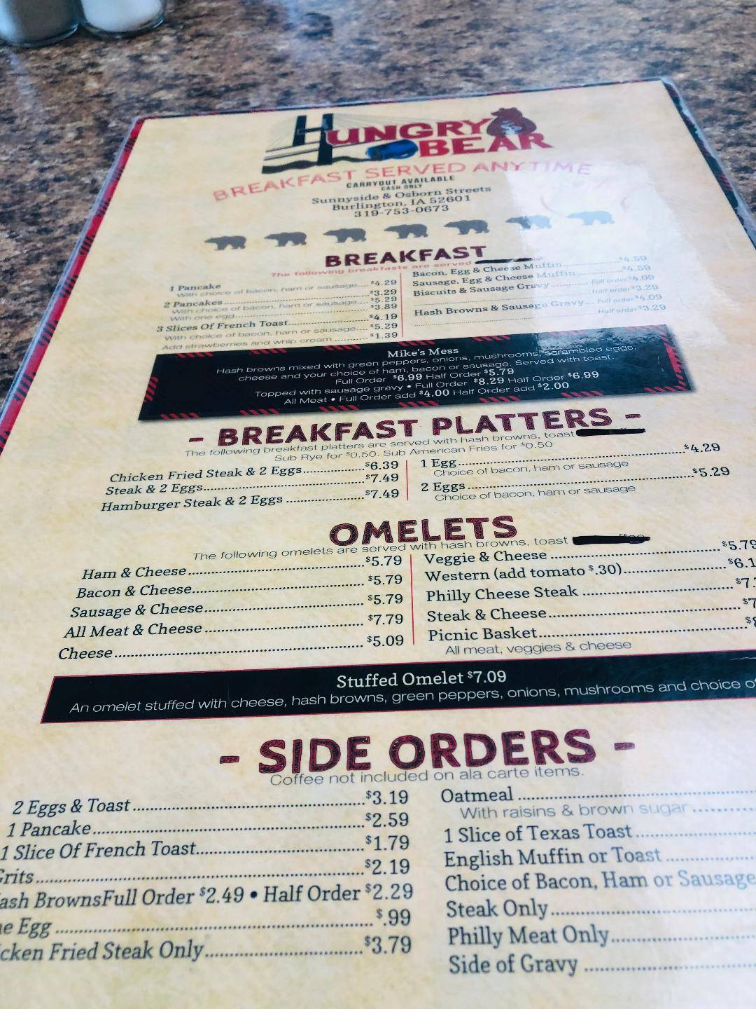 Menu at Hungry Bear restaurant, Burlington