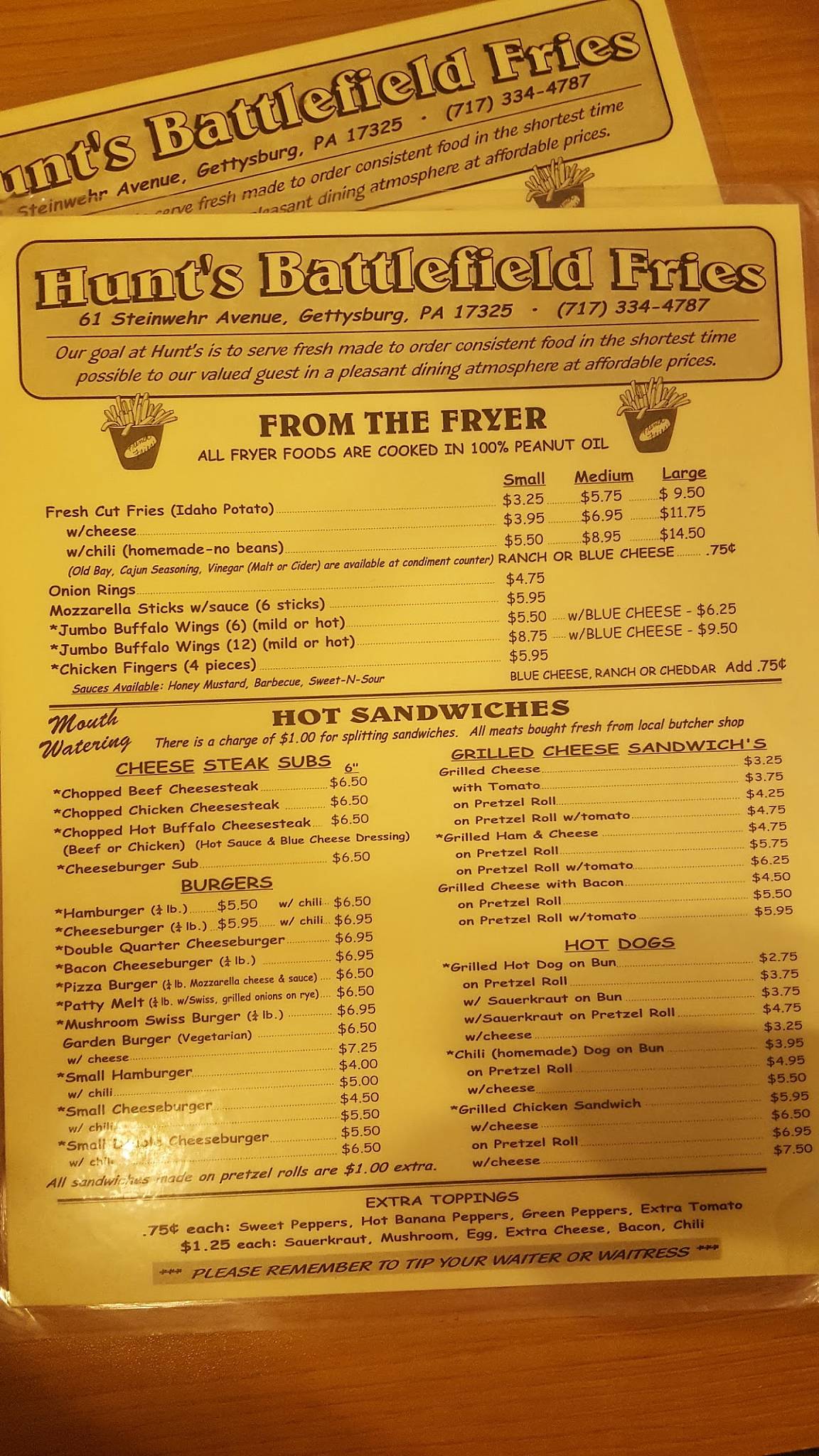 Menu at Hunt's Battlefield Fries cafe, Gettysburg