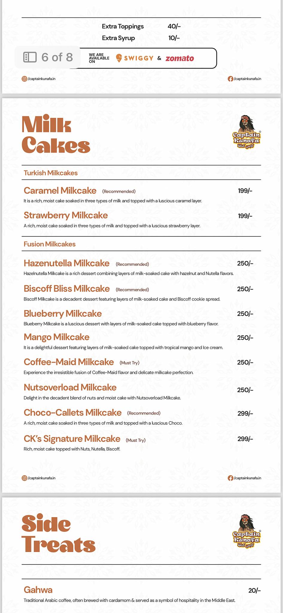 Menu at Captain Kunafa, Hyderabad, beside Sahifa Masjid Road