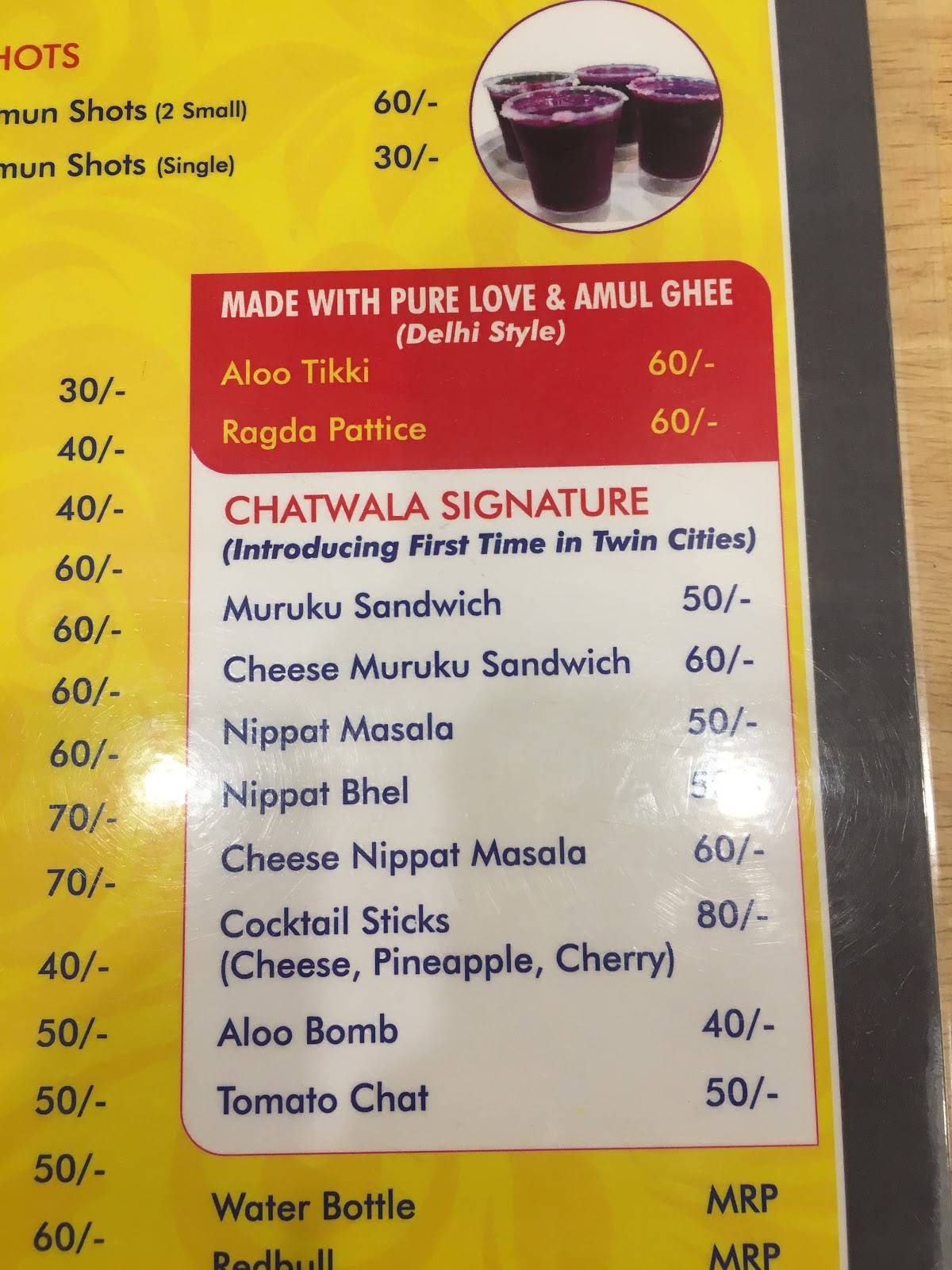 Menu at Chatwala, Hyderabad