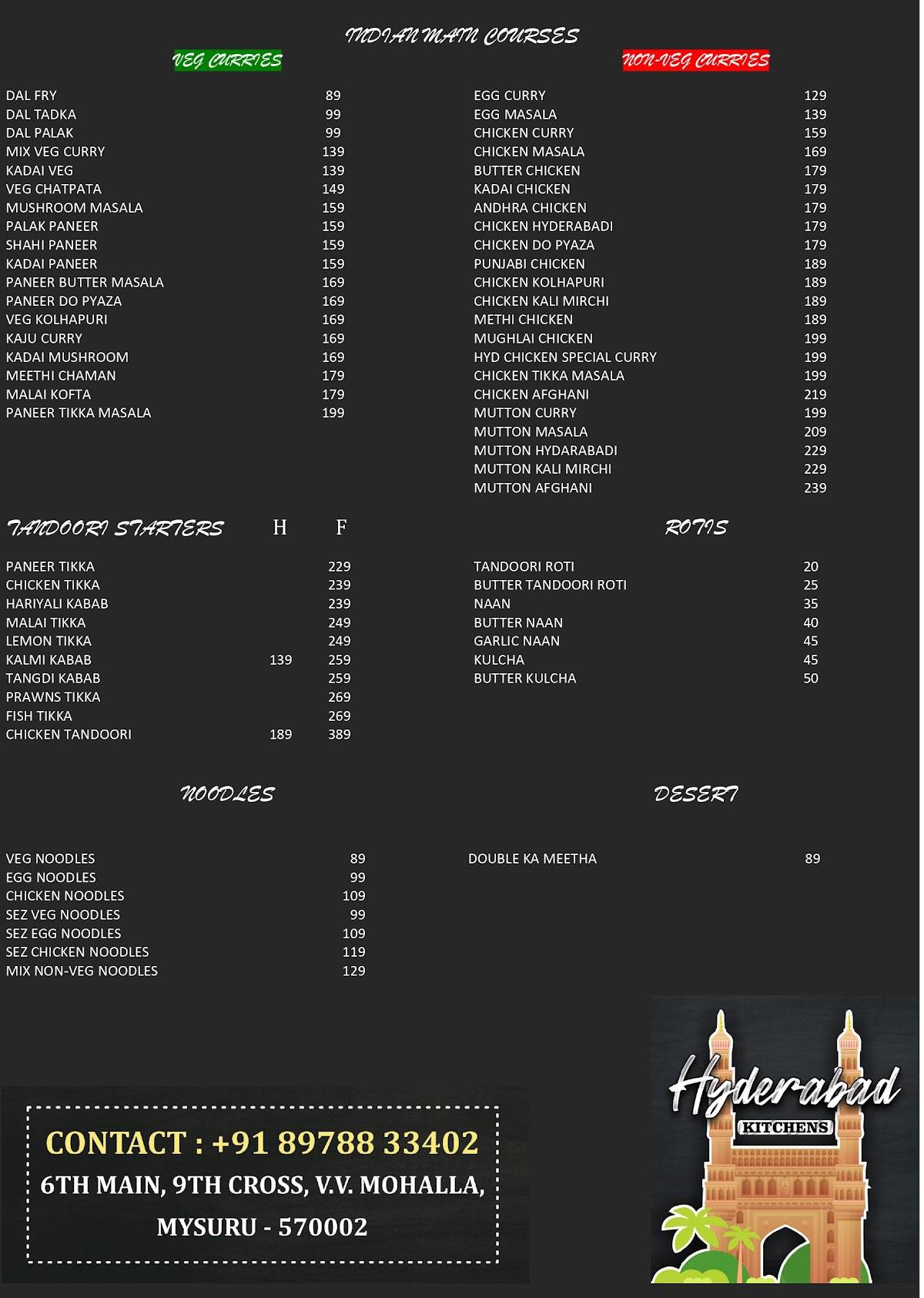 Menu at Hyderabad Kitchens, Mysuru