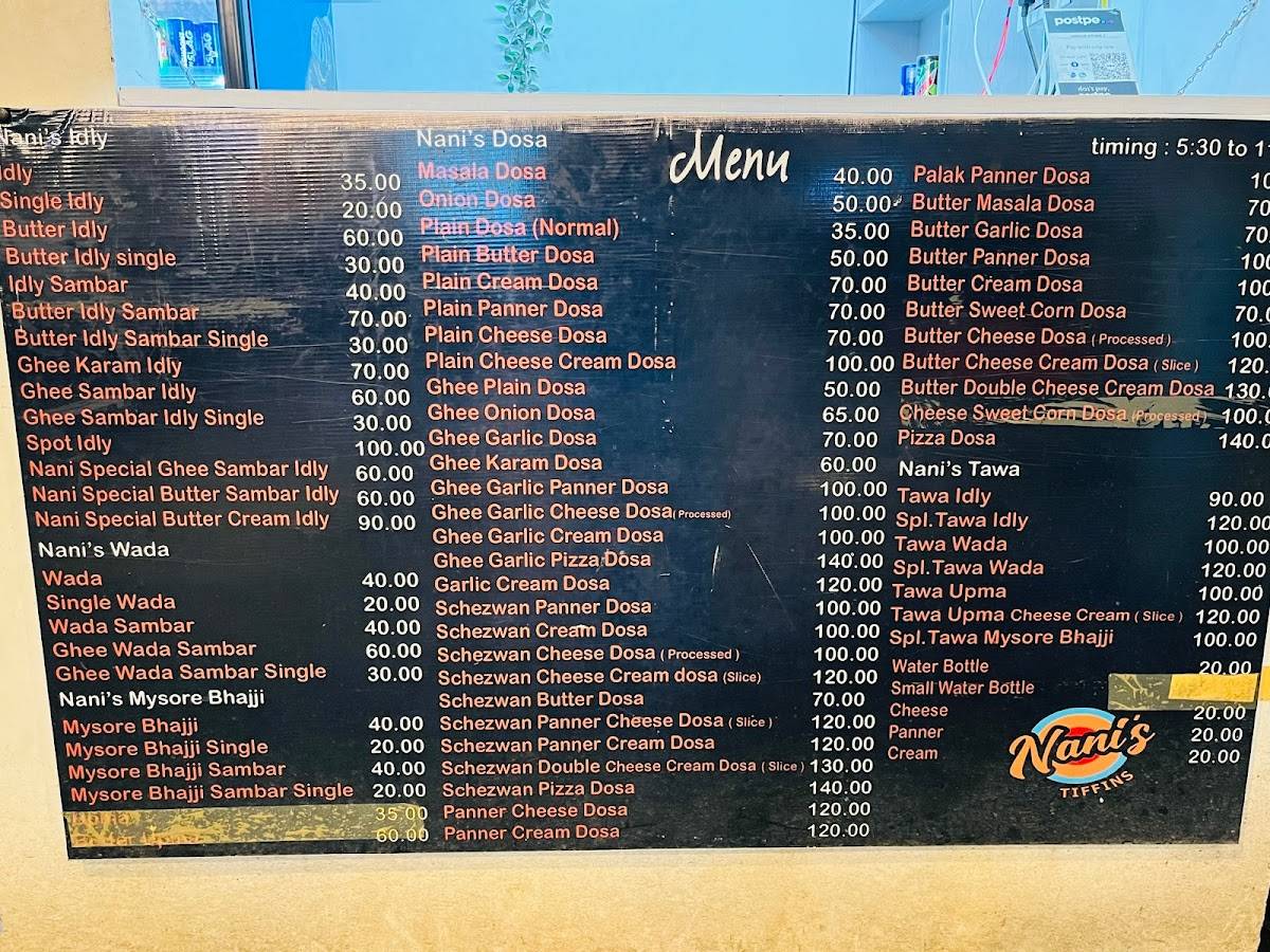 Menu at Nani's Tiffins, Hyderabad, URBAN JUNCTION