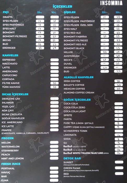 Menu at Insomnia Gastropub, Istanbul, Köyiçi Cd 8A