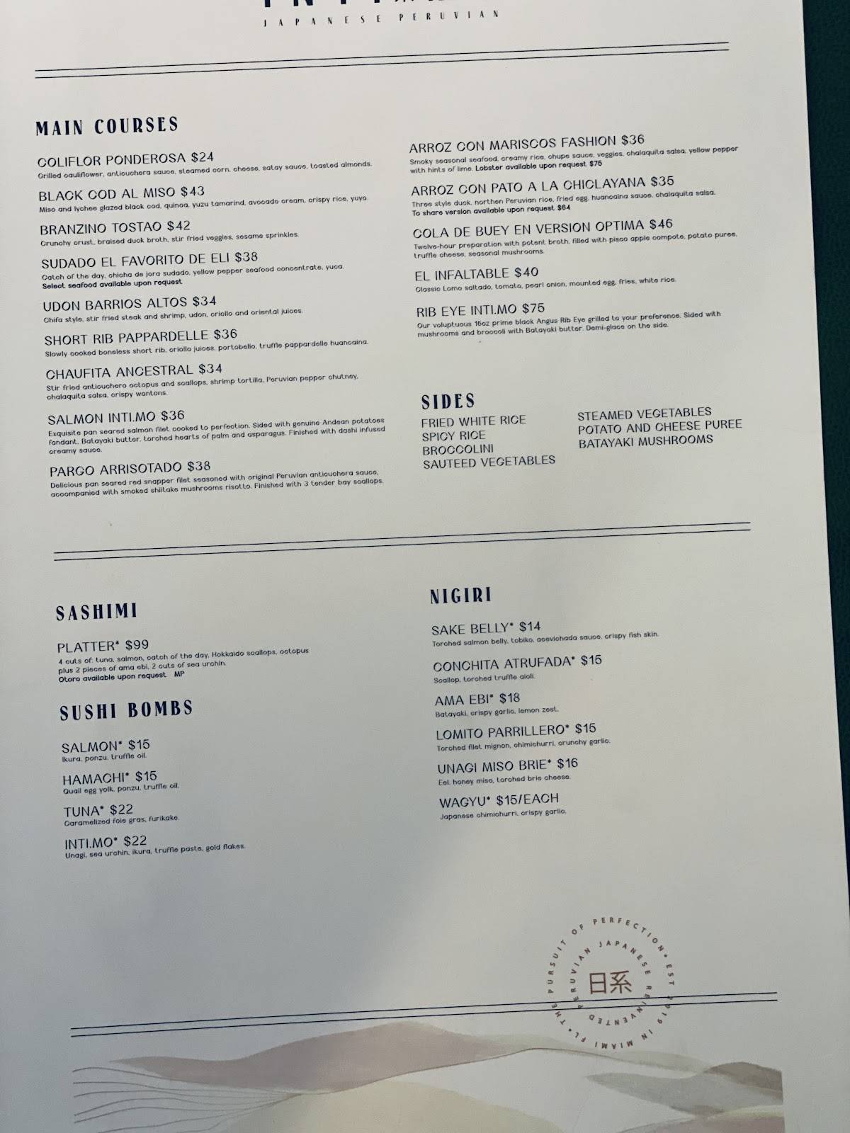 Menu at INTIMO restaurant, Miami Beach