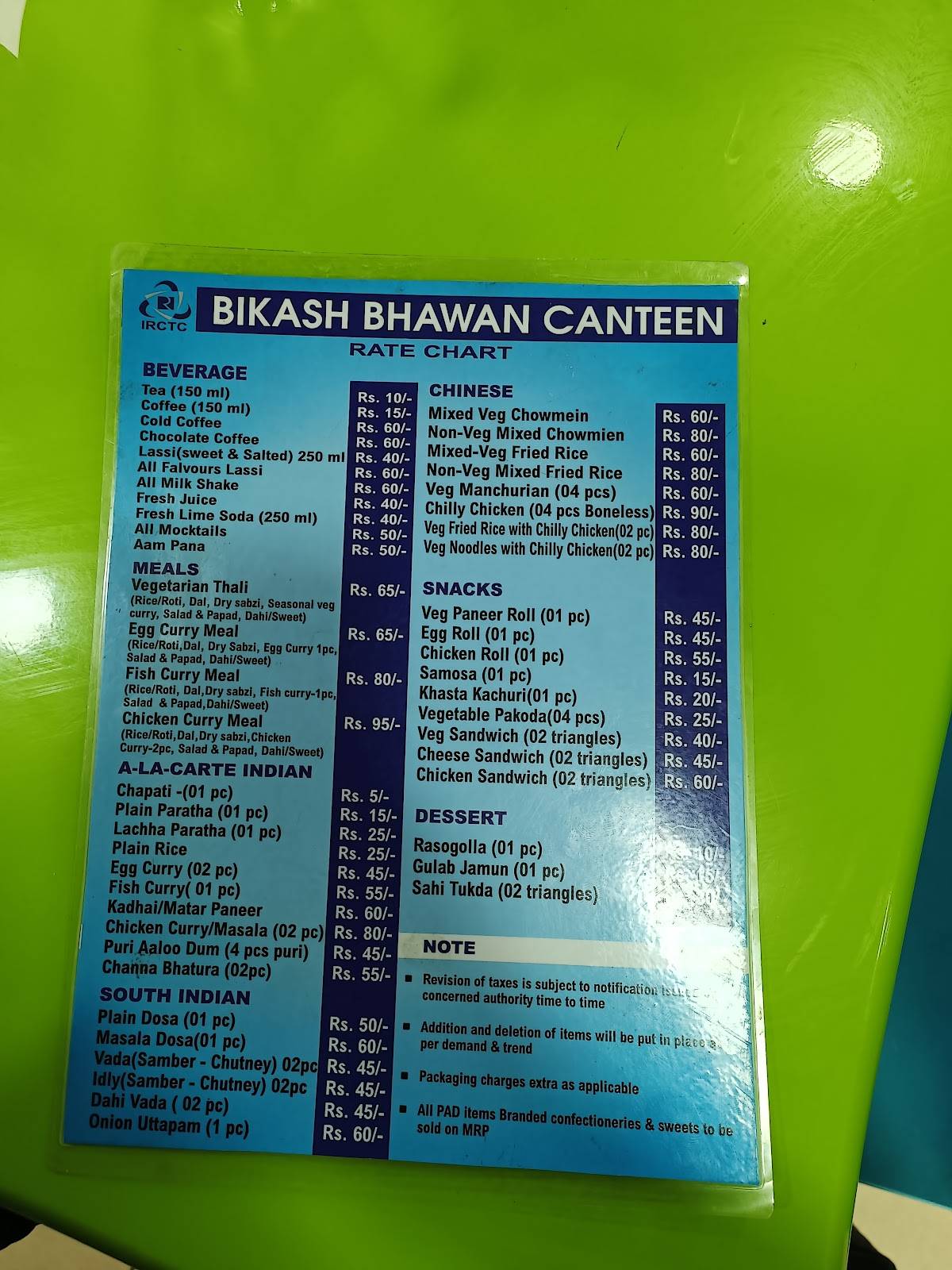 Menu at IRCTC Canteen Bikash Bhawan, Kolkata