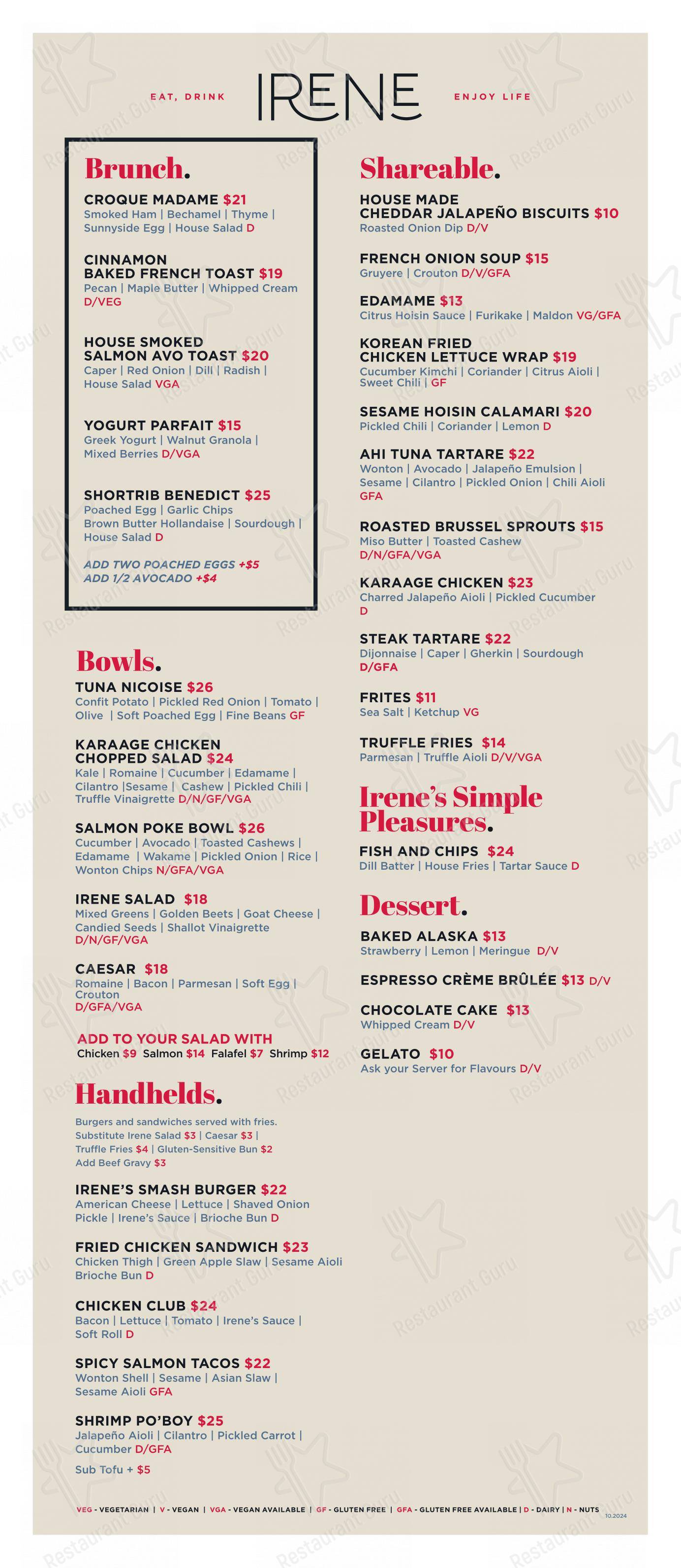 Menu at IRENE pub & bar, Toronto