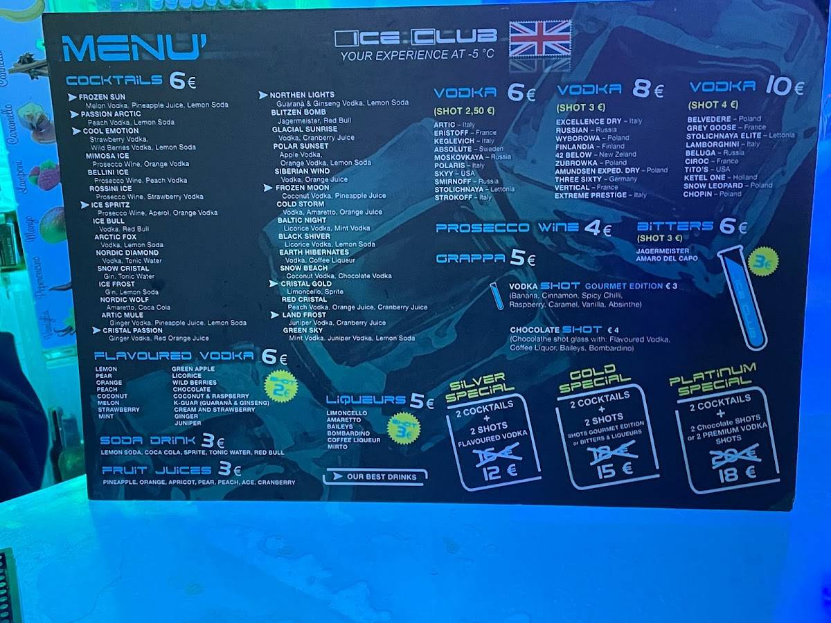 Menu at Ice Club Roma, Rome, Via della Madonna dei Monti